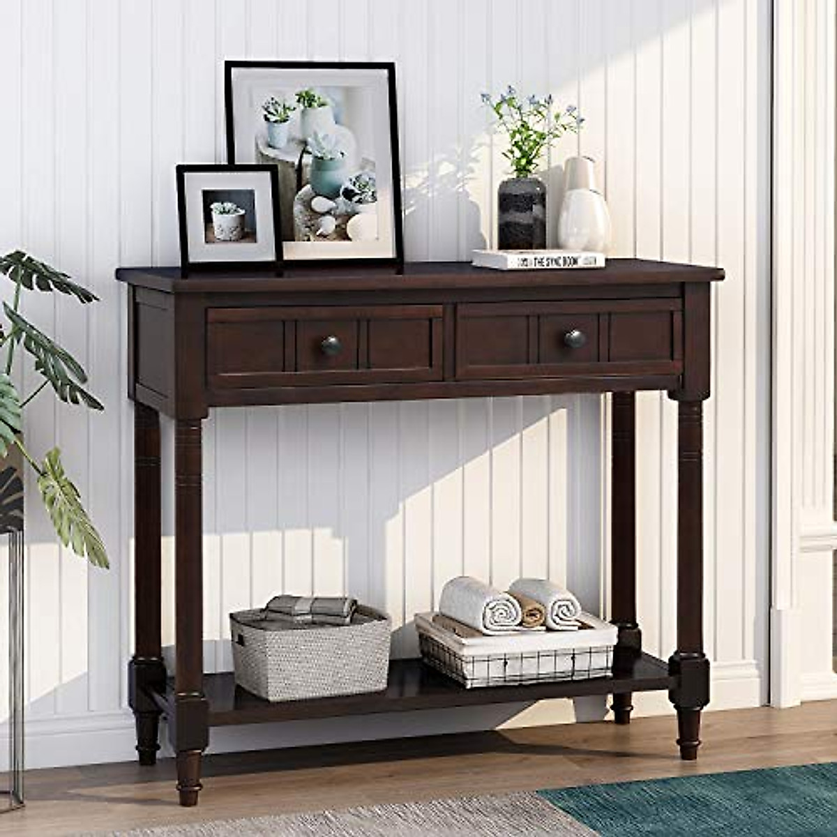 Merax LUMISOL 35.43" Accent Console Table, Entryway Sofa Table with 2 Drawers and Bottom Shelf, Easy Assembly, Espresso