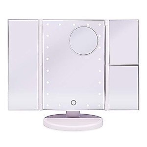 KXA Tri-Fold Vanity Mirror, 21 LED Lighted with Touch Screen 1X/2X/3X Magnification and USB Charging Adjustable Brightness and Stand for Makeup