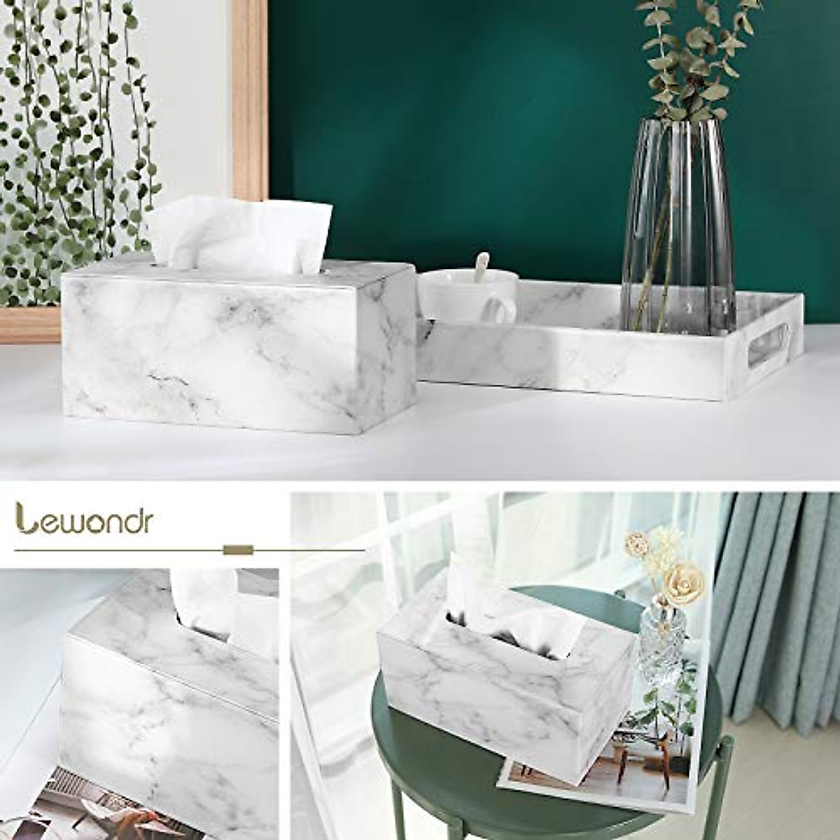 Lewondr Marble Tissue Box Cover, Rectangular PU Leather Facial Tissue Box Holder, Napkin Storage Box, Toilet Paper Holder Case Dispenser for Countertop Bedroom Bathroom Car Office - 9.8" x 5.3" x 4.5"