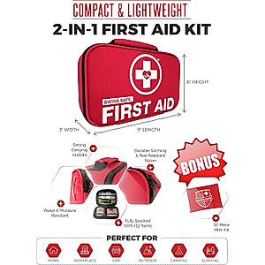Swiss Safe 2-in-1 First Aid Kit for Car, Travel & Home, Businesses - Bonus Mini Kit for Medical Emergency Aid, Survival, Camping - FSA & HSA Eligible 120+32-Pcs, 1Pk -Red-Small+Travel