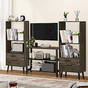 LELELINKY Open Bookshelf, 3 Tier Black Mid Century Modern Book Shelf with Drawers and Legs, Wood Bookcase with Storage Organizer Shelves for Bedroom, Living Room, Office