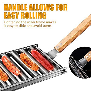 Hcqxnsl Hot Dog Roller Portable Sausage Roller Rack with Wood Handle and 4 Sticks Stainless Steel Sausage Roll Griller Detachable BBQ Hot Dog Griller 5 Hot Dog Capacity for Hot Dog Sausage