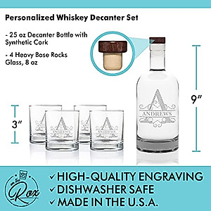 Personalized Whiskey Decanter Set for Men - Custom 5PC Monogram Whiskey Decanter and Glass Set - Scotch, Liquor Cups for Dad - Customized Bourbon Decanter Set with Glasses by On The Rox Drinks