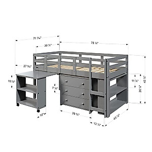 CARTESIAN Grey Solid Wood Twin Kids Low Loft Bed Frame with Rolling Desk, Drawers and Shelves