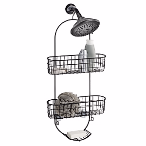mDesign Steel Metal Curved Bathroom/Shower Caddy, Hanging Storage Organizer for Shampoo and Conditioner Bottles - 2-Tier Rack with Baskets - Holder for Soap, Body Wash, Concerto Collection, Black