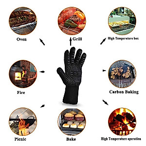 UlikeLF Protective Grilling Mitts BBQ Gloves Heat Resistant Cooking Gloves Non-Slip Silicone Kitchen Grill Glove for Barbecue, Baking, Cutting Black