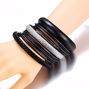 Ensoul Black W/Silver Glitter Multiple Metal Bracelets & Bangles Set For Women 12Pcs/Set