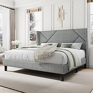 iPormis King Size Wingback Bed Frame, Modern Platform Bed with Minimalist Headboard, 8-in Storage Space/Heavy-Duty Structure/No Box Spring Needed/Noise-Free, Light Gray