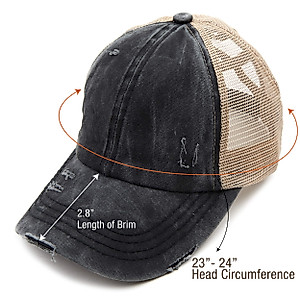 C.C Exclusives Washed Distressed Cotton Denim Criss-Cross Ponytail Hat Baseball Cap Bundle Hair Tie (BT-780)(BT-791) (A Elastic Band-Black/Beige)