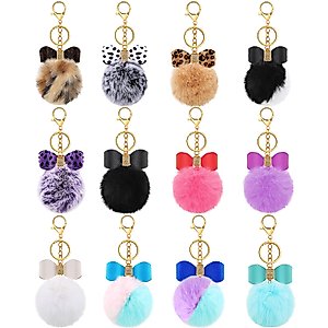 Hicarer 12 Pieces Fluffy Pom Pom Keychain Bulk Bow Rhinestone Faux Pompoms Keyring for Women Bags Craft, 12 Colors(Chic Colors)