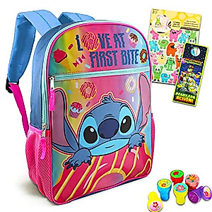 Disney Bundle Stitch School Supplies Bundle Lilo and Stitch School Bag Set - 4 Pc Stitch Backpack for Girls with Monster Stickers, Hibiscus Stampers, and More (Stitch School Backpack)
