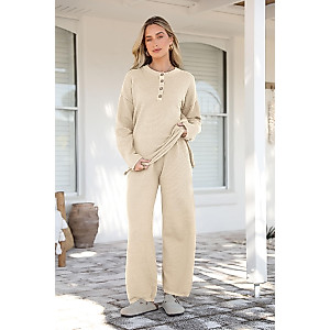 PRETTYGARDEN Women's 2 Piece Tracksuit Outfits 2024 Fall Knit Sweater And Wide Leg Pants Sweatsuit Lounge Sets (Beige,Large)