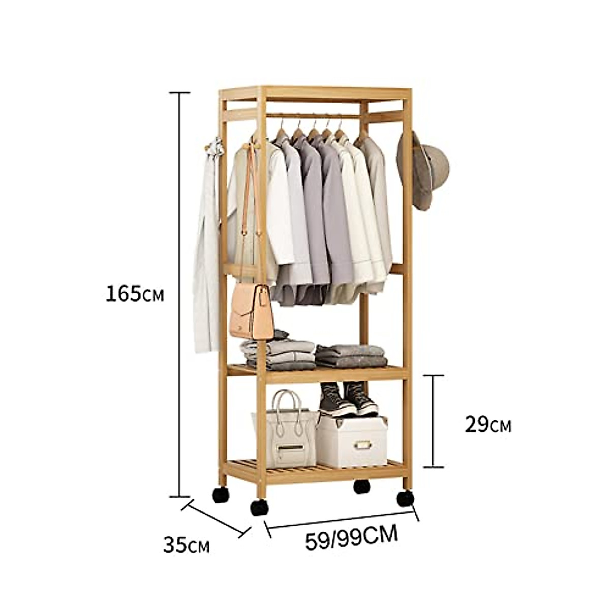 YXDFG Bamboo Garment Coat Clothes Hanging Heavy Duty Rack,Portable Rolling Garment Rack with Wheels, with Top Shelf and Shoe Clothing Storage Organizer Shelves,Dark,59×35×165cm