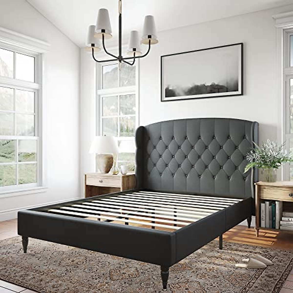 DeCoro Coventry Upholstered Platform Bed | Headboard and Metal Frame with Wood Slat Support | Grey, Queen Size