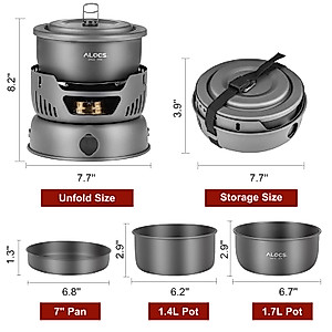 ALOCS Camping Cookware Set, 11 Piece Lightweight Camping Cooking Set with Alcohol Stove & Gas Stove Burner, Portable & Durable Camping Pot Camping Gear for Camping, Hiking & Outdoor Picnics