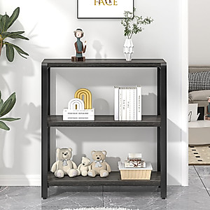 FOLUBAN Rustic Small Bookshelf and Bookcase, 3 Tier Low Short Book Shelf, Industrial Metal and Wood Book Case for Bedroom Living Room, Dark Gray