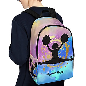 Urcustom Personalized Name Cheerleader Girl Rainbow Watercolor Backpack Unisex Bookbag for Boy Girl Travel Daypack Bag Purse 17.7 IN
