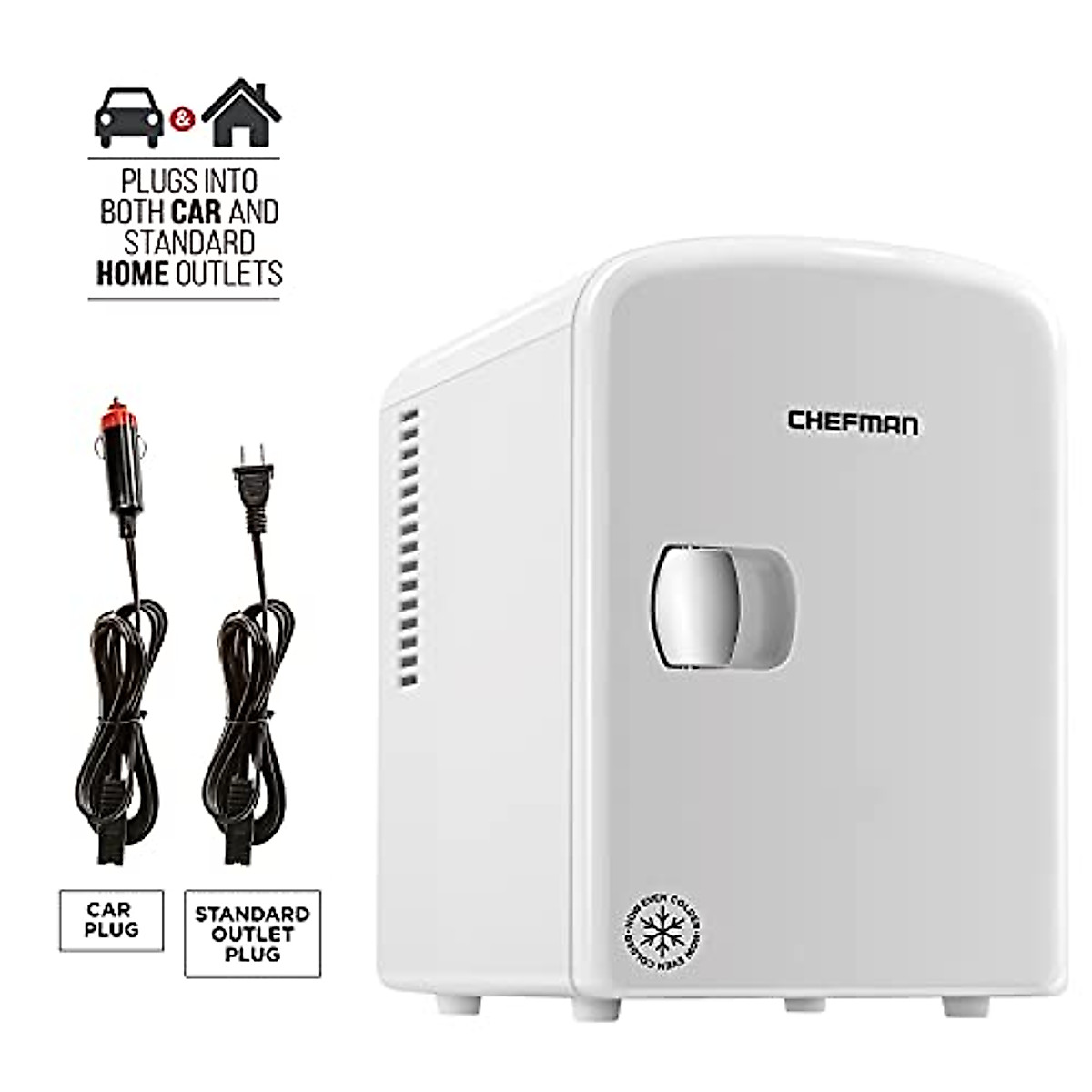 Chefman Mini Portable Personal Fridge Extra-Cold Or Warm, Compact Storage for Skin Care, Formula, Or Snacks, Fits 6 12-oz Cans, Lightweight 4-Liter Capacity, White