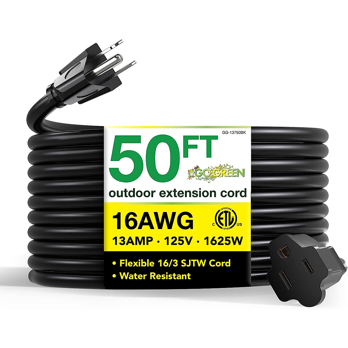 Go Green Power Inc. 16/3 50ft Black Outdoor Extension Cord - Durable, Heavy Duty, Moisture Resistant - Ideal for Tools & Equipment - GG-13750BK