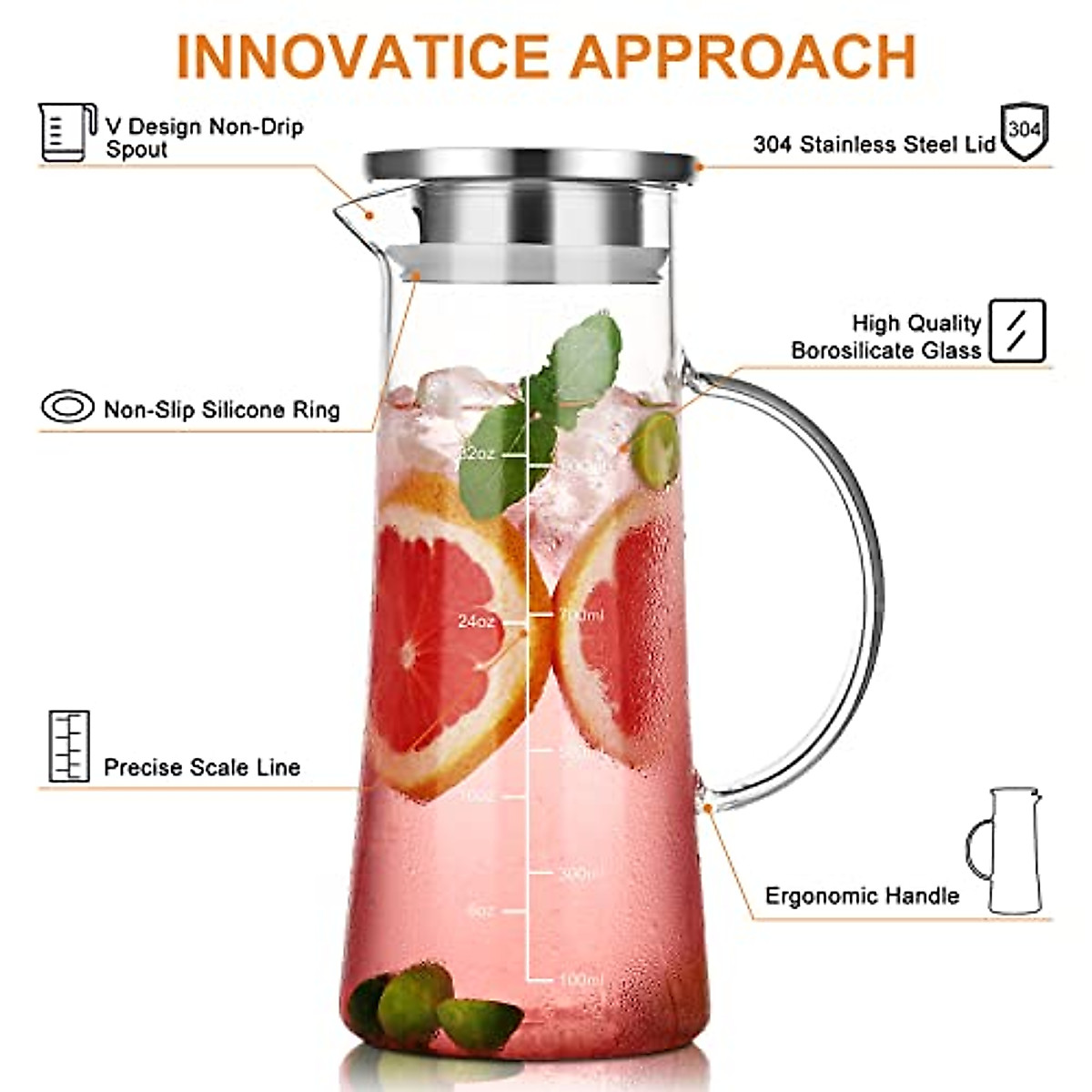Fridge Door Water Pitcher with Lid,Drink Pitcher,40 oz/1200ml Glass Water Pitchers,Heat Resistant Borosilicate Water Jug for Juice,Beverage,Ice Tea,Milk,Lemonade (1200ml)