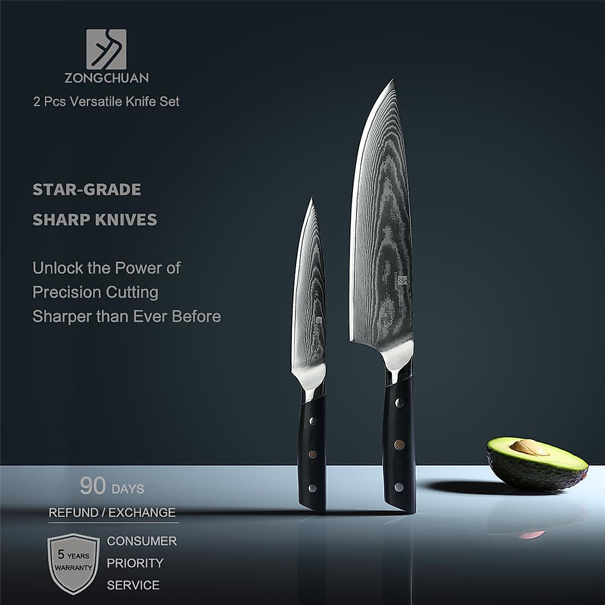 ZongChuan 8C Damascus Kitchen Knife Set 2pc,8" Chef Knife and 5.5" Utility Knife,High Carbon Stainless Steel,5-Star Sharp Standard,Black Ergonomic G10 Handle,Love's Gift Box