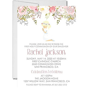 Pink Floral First Holy Communion Invitations For Girls