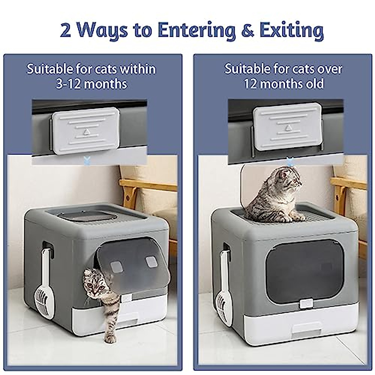 Large Foldable Cat Litter Box, Top Entry Cat Litter Box with Cat Litter Scoop and Filter Cotton, Closed Smell Proof Anti-Splashing,Drawer Structure Kitty Litter Box,