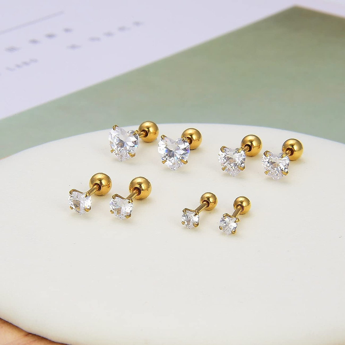 4 Pairs Screw Back Surgical Stainless Steel Stud Earrings, Gold Plated Silver Heart Star Square Princess Cut Round CZ Cubic Zirconia Stud Earrings Set (Gold Heart CZ)