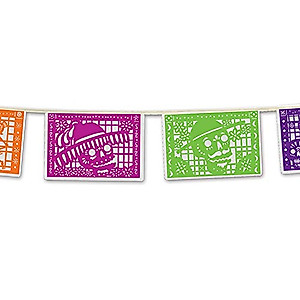 Beistle - 941 Beistle Day of the Dead Picado Style Pennant Banner Hanging Decorations, Halloween Party Supplies, 8" x 12', Multicolored