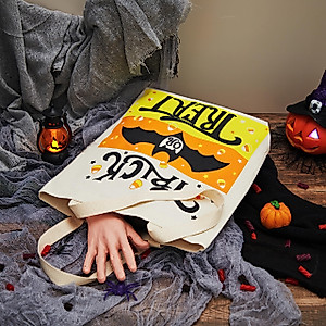 JOYIN 3PCS 13.75” Large Halloween Tote Treat Bags for Trick or Treating, Halloween Goodie Candy Bags, Reusable Canvas Gift Bags for Kids Party Favor Supplies, Snack Grocery Bags with Handles