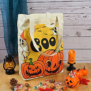 ATFUNSHOP Trick or Treat Bags Halloween Bags 13.8X13.8'' Pumpkins Ghost Boo Bag Canvas Reusable Large Tote Bucket for Kids