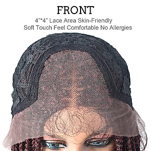 Curve Hair 3“X3.8 Realistic Hand Tied Lace Front Box Braids Glueless Wig for Women Premium Quality Synthetic Lightweight Twist BOB Braided Wigs with Baby Hair Black Mix Wine Red Color (#1B/99JT)