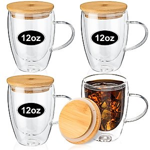 Eccliy 4 Pcs 12oz Glass Coffee Mugs with Bamboo Lids Insulated Double Walled Glass Coffee Cups Clear Tea Mug Glass Tea Cups with Handles for Hot or Iced Coffee Milk Tea Beverage Cappuccino Latte