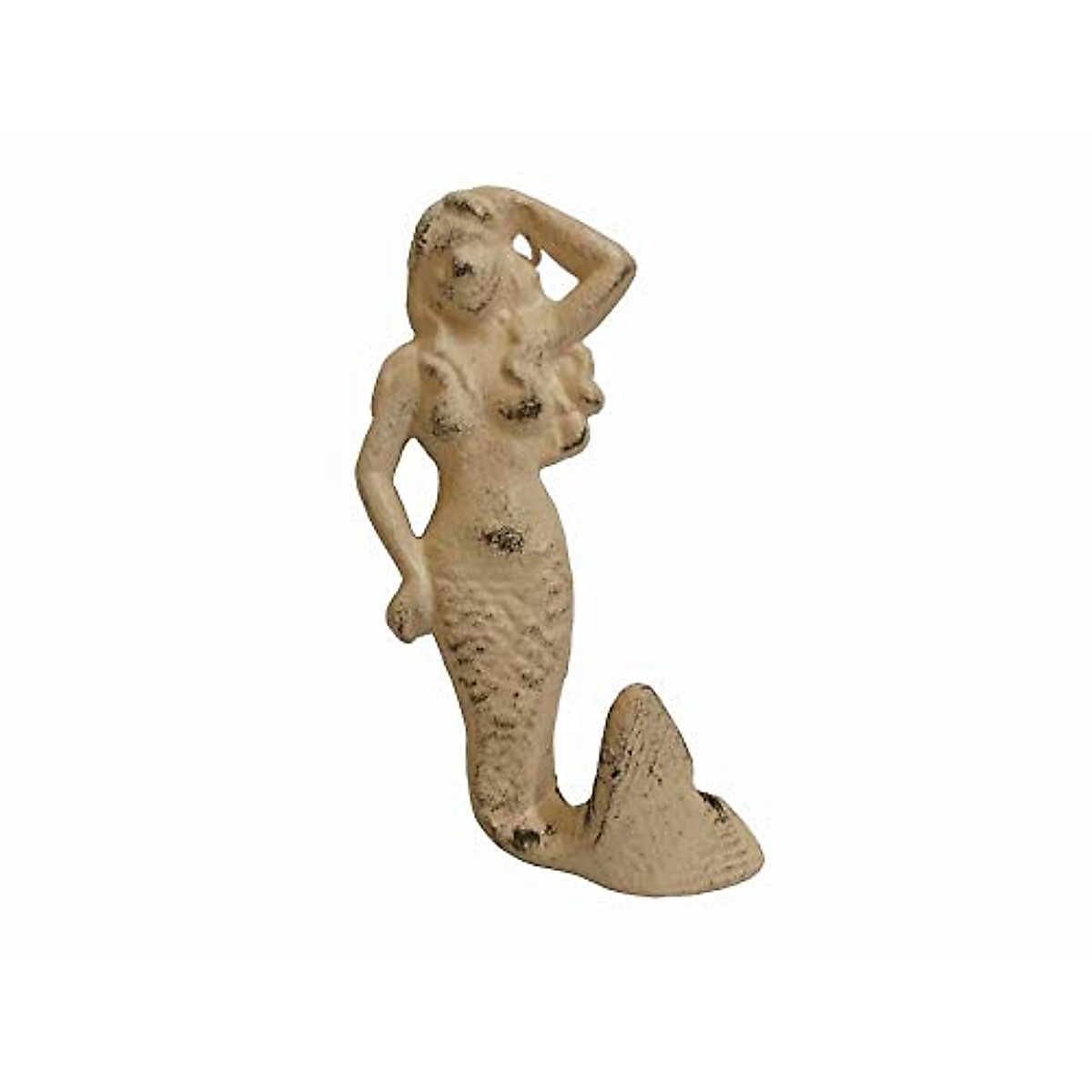 Hampton Nautical Aged White Cast Iron Mermaid Hook 6" - Decorative Wall Hook - Beach Theme