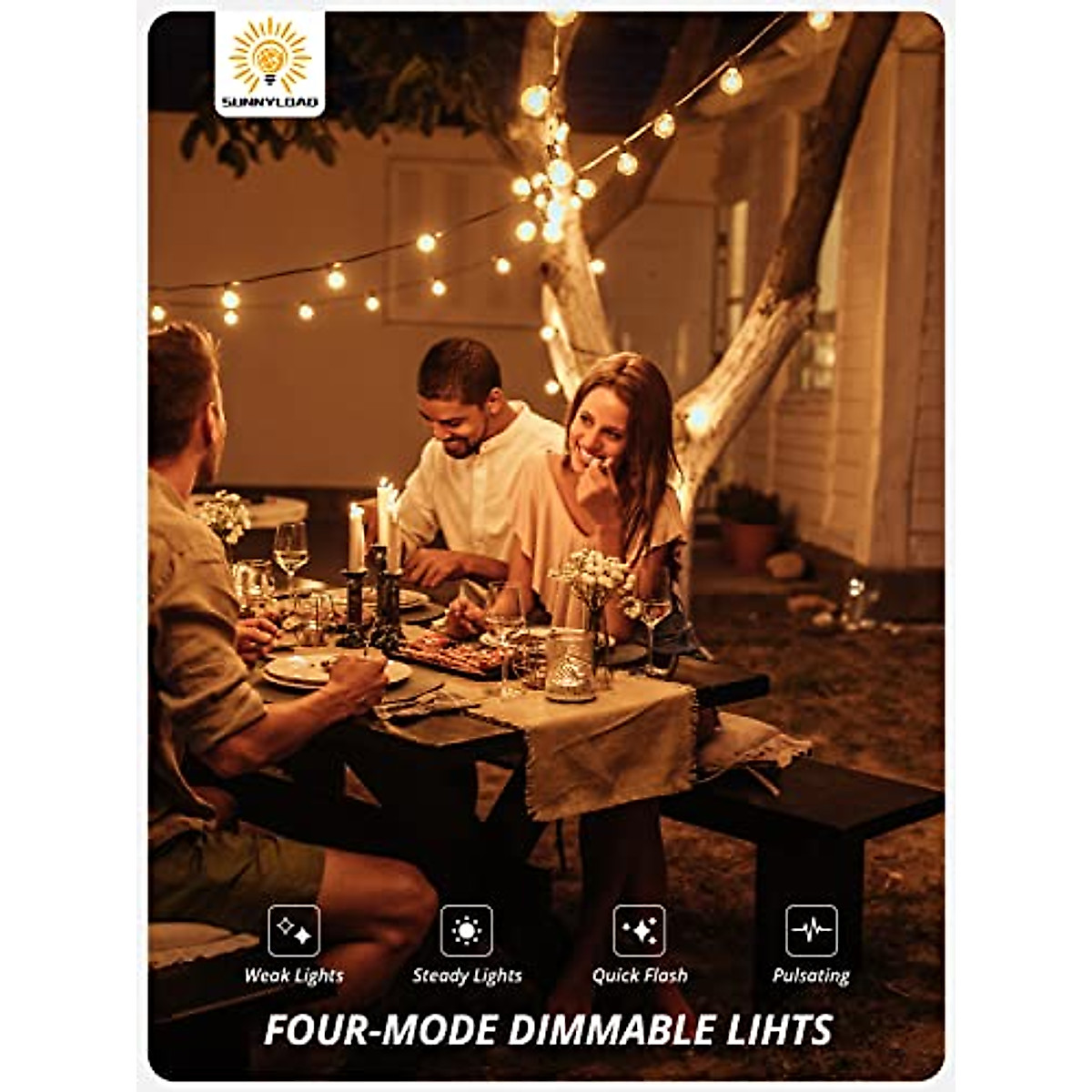 Sunnyload Solar String Lights Outdoor Waterproof, 48ft Solar Powered Lights with Shatterproof 15+1 G40 LED Bulbs, USB Rechargeable 4 Modes Dimmable for Balcony Patio Garden