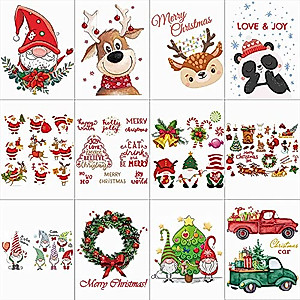 12 Sheets Christmas Iron on Transfer Hippie Iron on Vinyl Stickers Crafts Cute DIY Decal Patch Colorful Heat Transfer Sheets Xmas Appliques Gnome Cars Vinyl Paper for Women Men Supplies (Gnome Style)