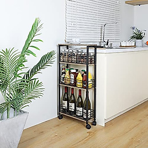 LUMAMU Slim Storage Cart for Small Spaces, 4 Tier Mobile Rolling Cart with Wheels Slide Out Storage Utility Shelves Cart with Wooden for Kitchen Narrow Spaces