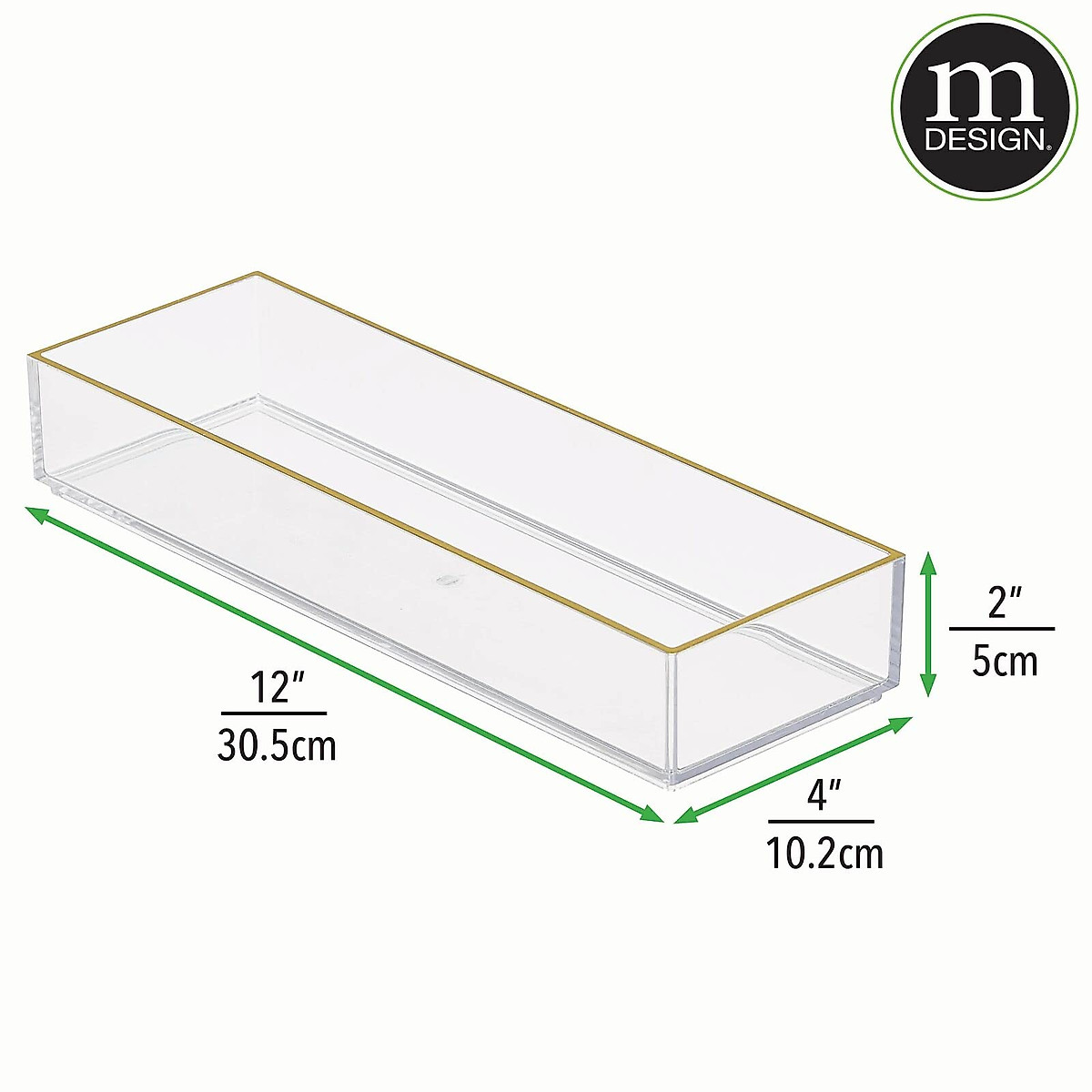 mDesign Slim Plastic Drawer Organizer, Storage Container for Cosmetics, Makeup, and Accessories on Bathroom Vanity, Countertop, or Cabinet - Lumiere Collection - 3 Pack - Clear/Soft Brass