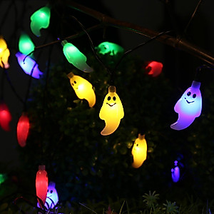 DINOWIN Halloween Ghosts Lights, Solar Ghost String 16ft 20 LED Ghost Fairy String Lights Waterproof for Home Indoor Garden Lawn Patio Trees Weddings (Multicolor)
