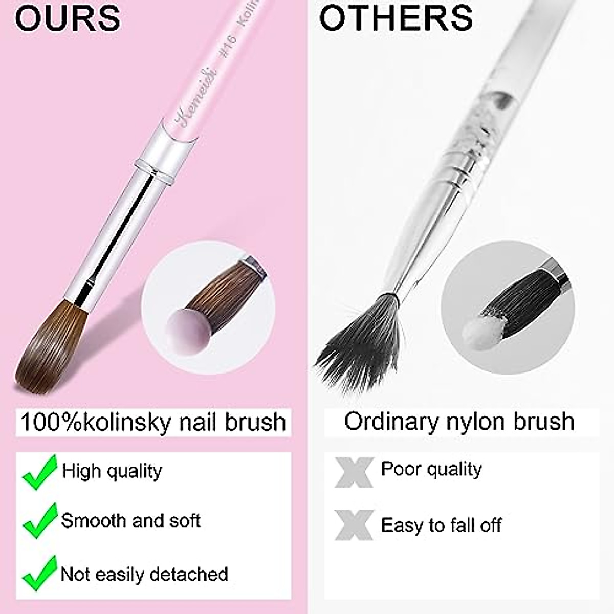 KEMEISI Acrylic Nail Brush Size #10, 100% Pure Kolinsky Nail Art Brushes for Acrylic Application, Sturdy Handle Oval Shaped Acrylic Powder Nail Design Tools for Professional Manicure DIY