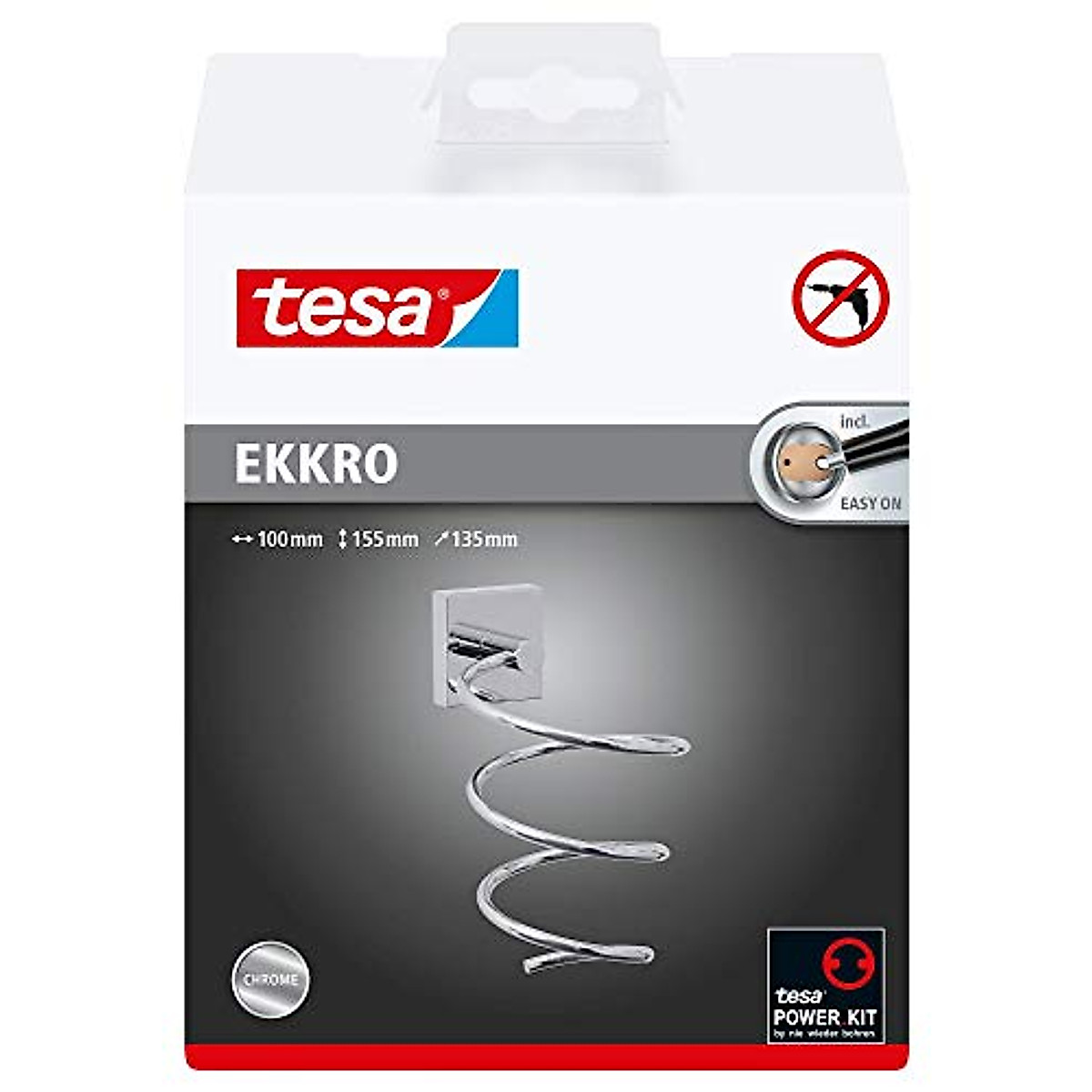 tesa EKKRO Hair Dryer Holder - No Drill Wall Mounted Chromed Metal Blow Dryer Holder - Stainless - Waterproof - Includes Removable Glue Solution