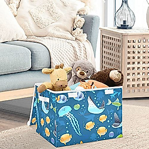 CaTaKu Blue Sea Fish Storage Bins with Lids and Handles, Fabric Large Storage Container Cube Basket with Lid Decorative Storage Boxes for Organizing Clothes