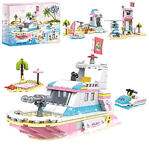 3in1 Girls Boat Cruise Ship Building Sets Friends Beach House Rescue Helicopter Building Kits Summer Holiday Adventures STEM Building Toys Creative Play Set Gift for Kids Aged 6-12, 351 Pieces
