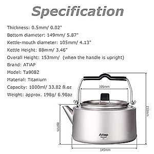 ATiAP Titanium Kettle Coffee Tea Pot 0.6L/ 1L with Mesh Bag Portable for Outdoor Camping (Ta9082-1L)