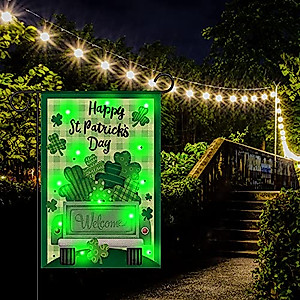 St Patrick's Day Garden Flag with Green Led Lights Good Shamrock Luck Truck Gnome 12 X 18 Inch Double Sided Garden Flag Durable Burlap Shamrock Garden Flag for Lawn Party Outdoor Decorations (Happy St. Patrick's Day)