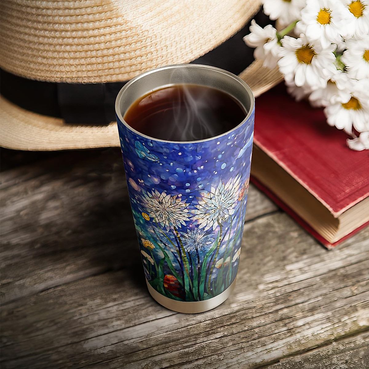 ORCAE 20oz Beautiful Colorful Daisy Flower, Stained Glass Style Flowers, Colorful Dandelion Flower Tumbler Cup, Insulated Travel Mug with Lid, Coffee Thermos for Men, Women, Gifts for Women - AC