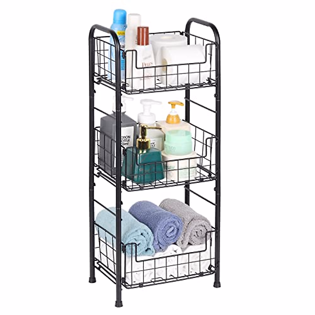 HEOMU Metal Bathroom Shelf Unit, 3 Tier Standing Shower Organizer Caddie with Three Tier Storage Shelving Bathroom Organizer Bins Holds Bath Towels, Soap, Shampoo and Toiletries(Black)