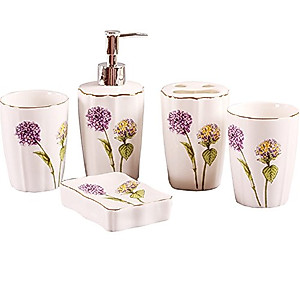 JruF Dandelion Love Ceramic 5 Piece Set Of Bathroom Accessories, Including Decorative Countertop Soap Box, Toothbrush Holder, Tumbler, Lotion Dispenser, Gift Box (Purple)