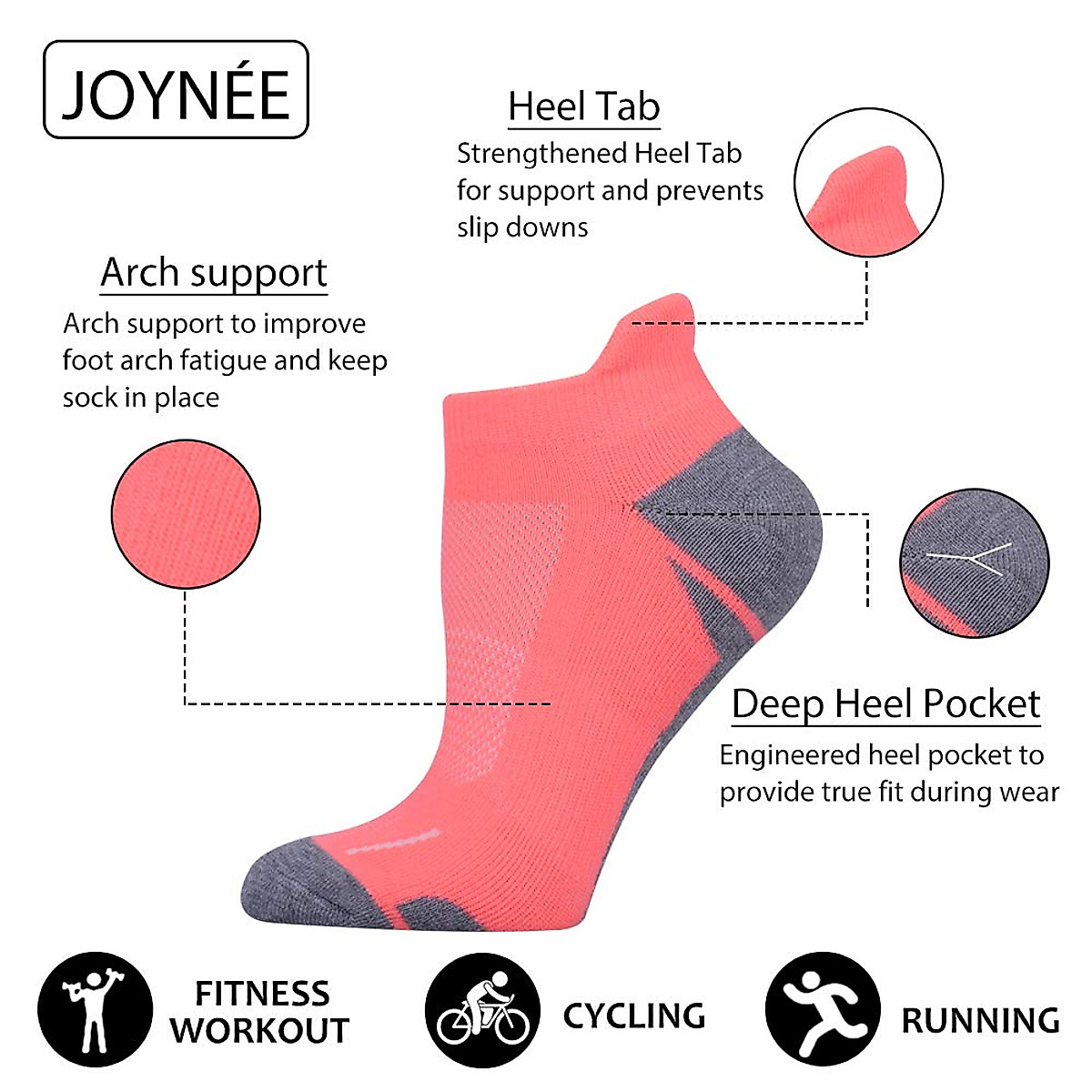 JOYNÉE Womens Athletic Ankle Sports Running Low Cut Tab Cushioned Socks 6 Pack,Multicoloured,Sock Size 9-11