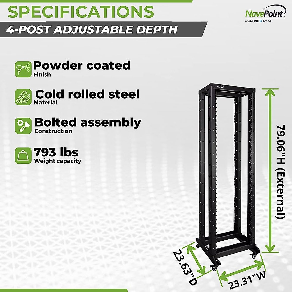NavePoint 42U 4 Post Server Rack – Open Frame Rack for 19 Inch Equipment, Adjustable Depth 4-Post Network Rack Floor Mount, 42U Server Rack 793lbs Capacity, Black